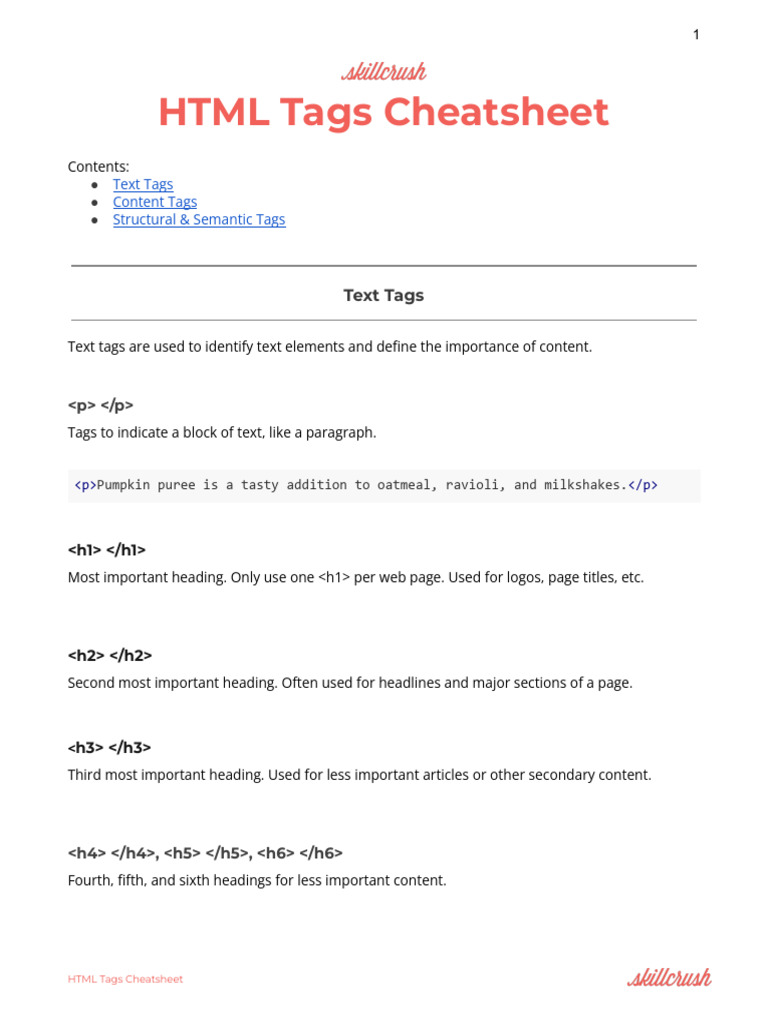 HTML Tags Cheatsheet | PDF