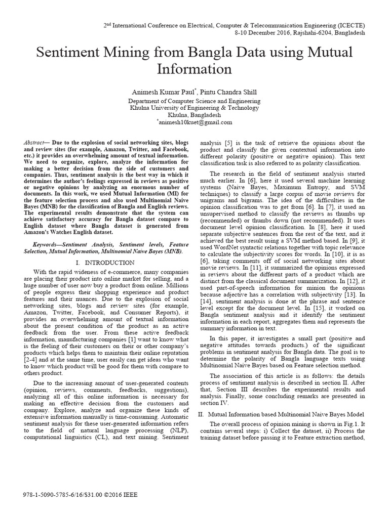 Sentiment Mining From Bangla Data Using Mutual Information | PDF