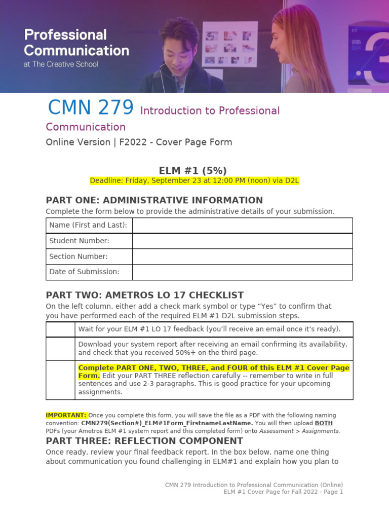CMN 279 (Online) ELM #1 Cover Page Form - F2022 | PDF | Software ...