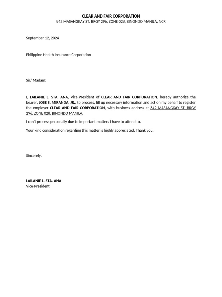 Authorization Letter - Philhealth - Clear and Fair | PDF