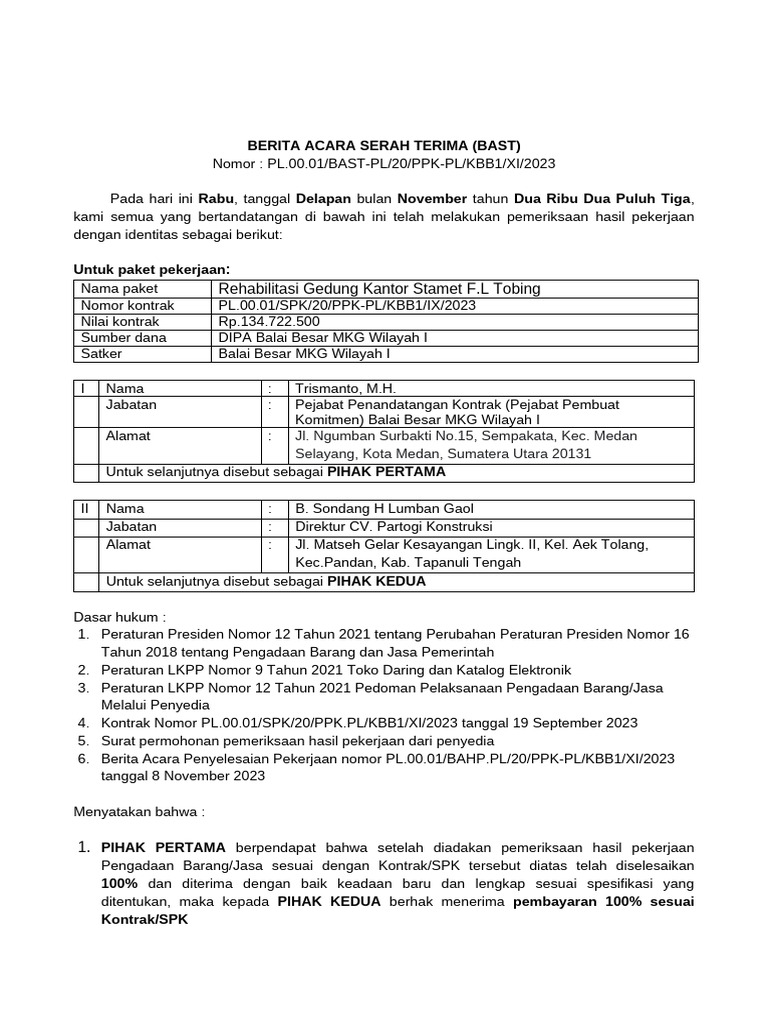 BAST - Rehabilitasi Gedung Kantor Stamet FL Tobing | PDF