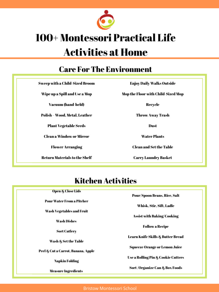 100-Montessori-Practical-Life-Activities-at-Home-Handout-1 | PDF