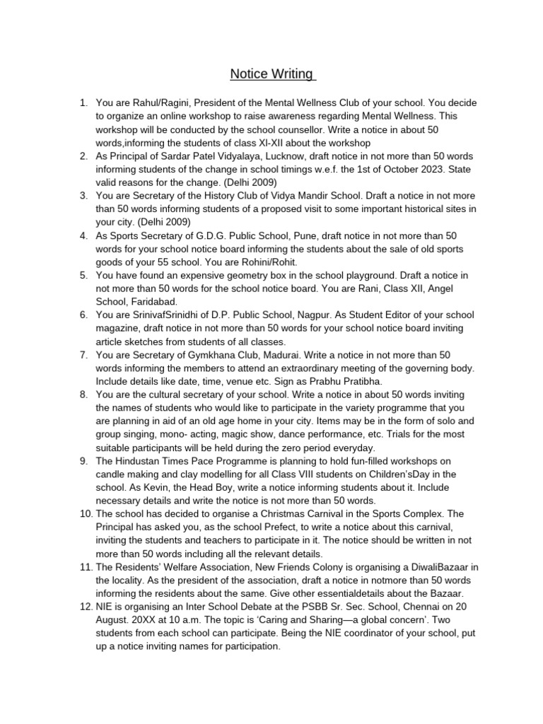 Notice Writing Practice | PDF