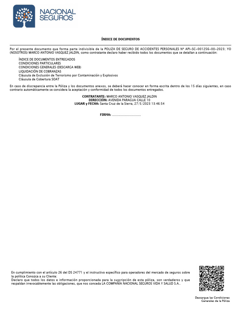 Certificado de Cobertura - API SC 001256 00 2023 | PDF