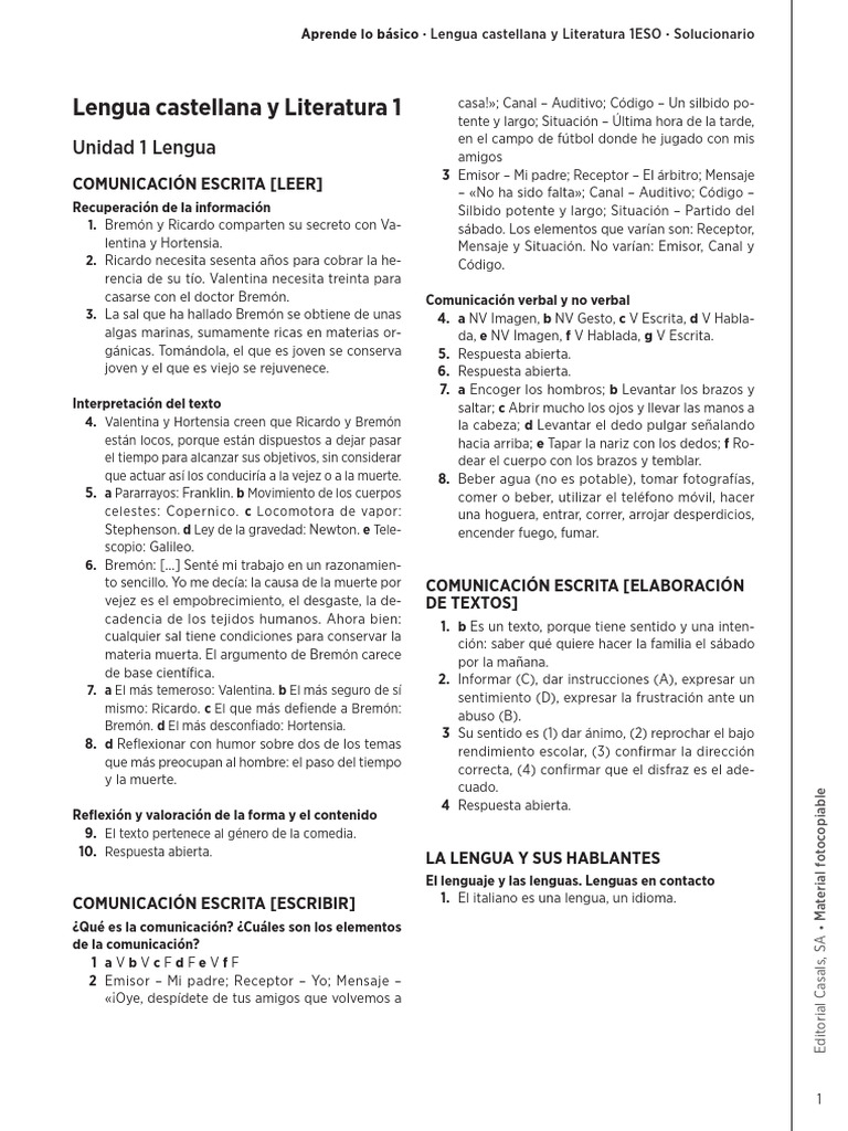 Solucionario Aprende Lo Basico Lengua Castellana y Literatura 1 ESO | PDF