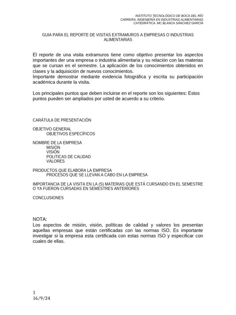 Guia Para El Reporte de Visitas Extramuros a Empresas o Industrias ...