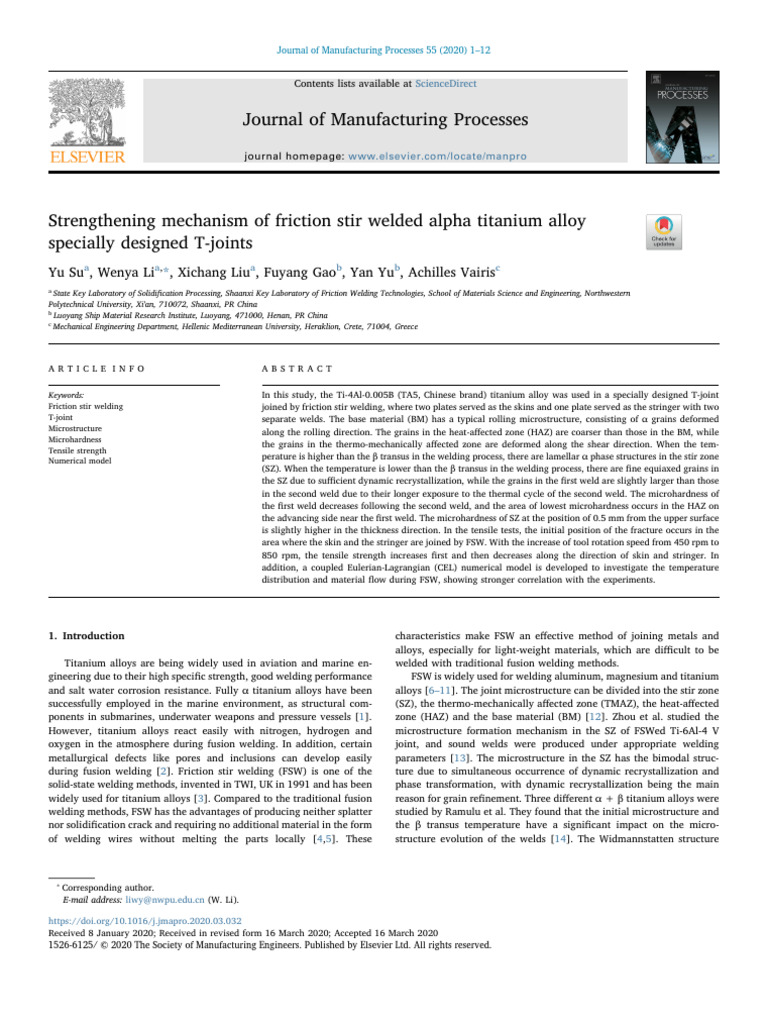 Strengthening Mechanism of Friction Stir Welded Alpha Titanium Alloy | PDF Strengthening Mechanism of Friction Stir Welded Alpha Titanium Alloy | PDF