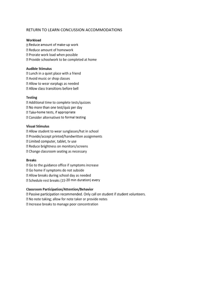 Return To Learn Concussion Accommodations | PDF