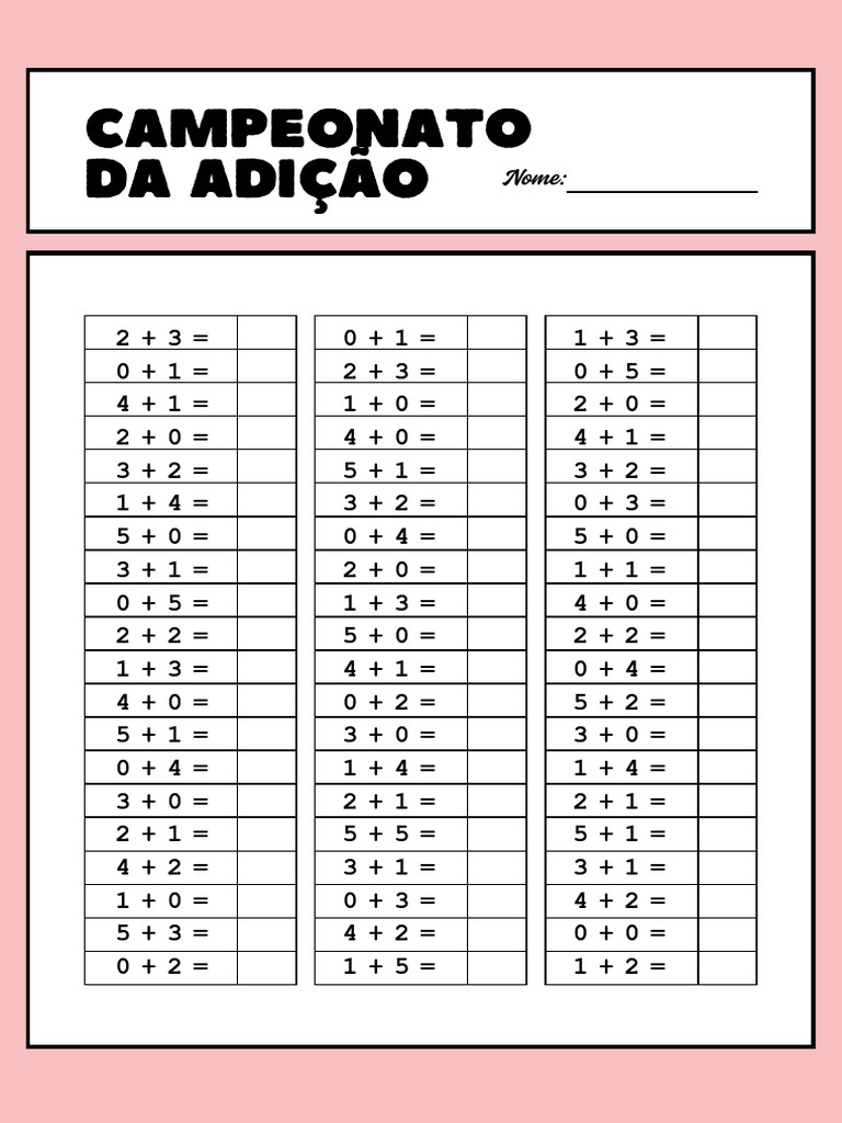 Addition 0-5 Math Worksheet in White Pink Red Simple Style | PDF