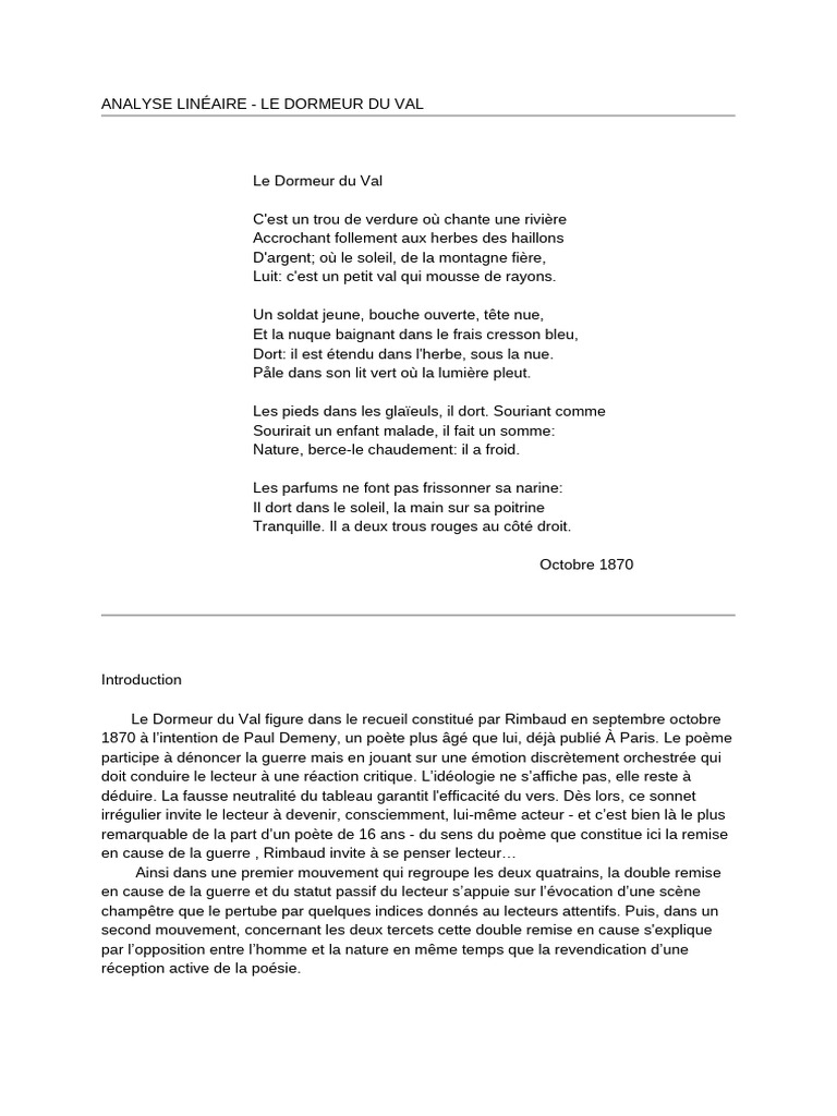 ANALYSE LINÉAIRE - LE DORMEUR DU VAL | PDF