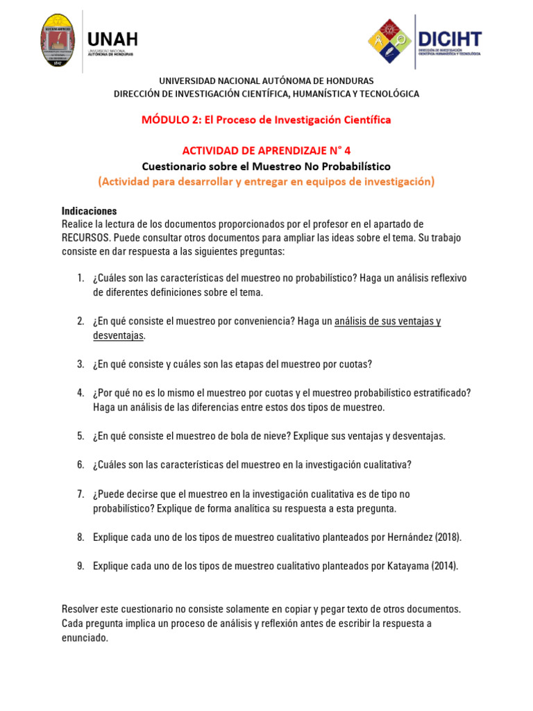Actividad de Aprendizaje #4 - Cuestionario Sobre Muestreo No Probabilístico y Muestreo ...