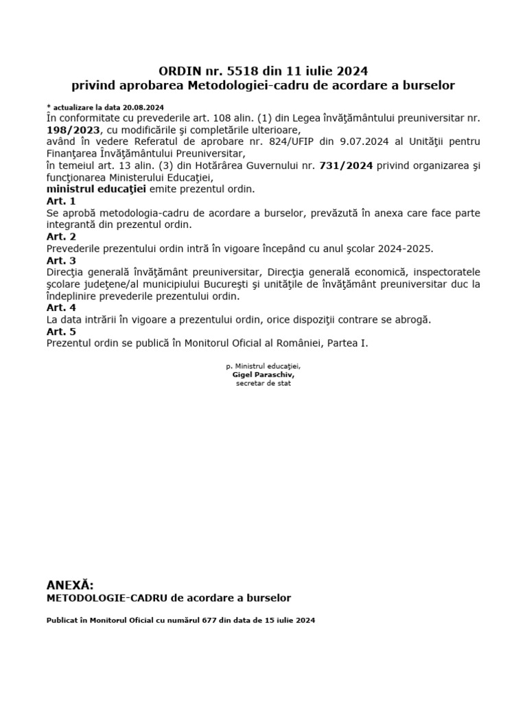 ORDIN NR 5518 2024 Metodologie Acordare Burse 2024-2025 | PDF