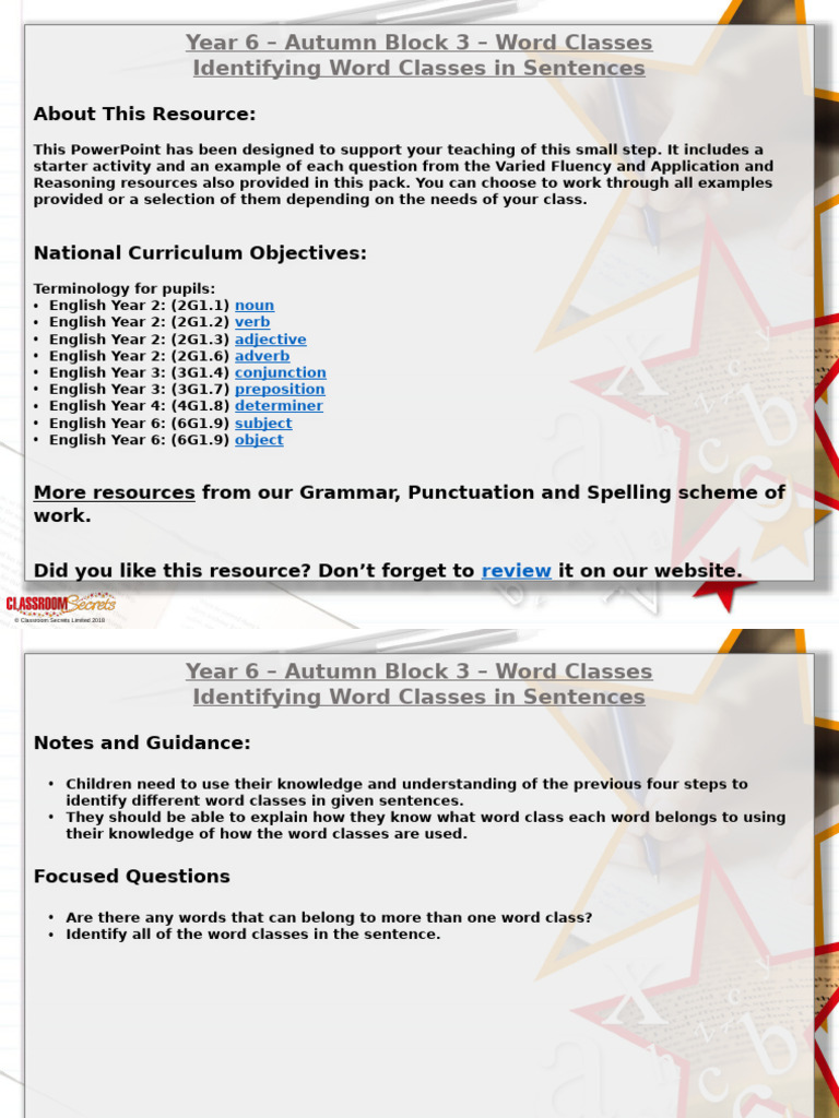 SPAG Identify Word Classes | PDF