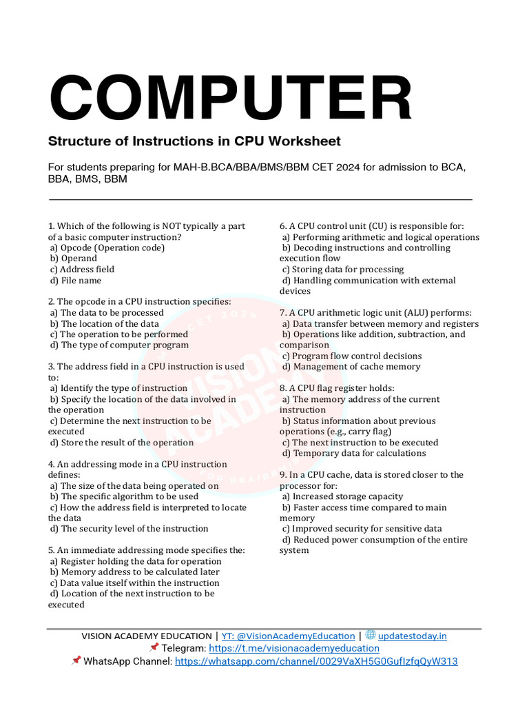 Day 12 Structure of Instructions in CPU Worksheet Vision Academy (1) | PDF