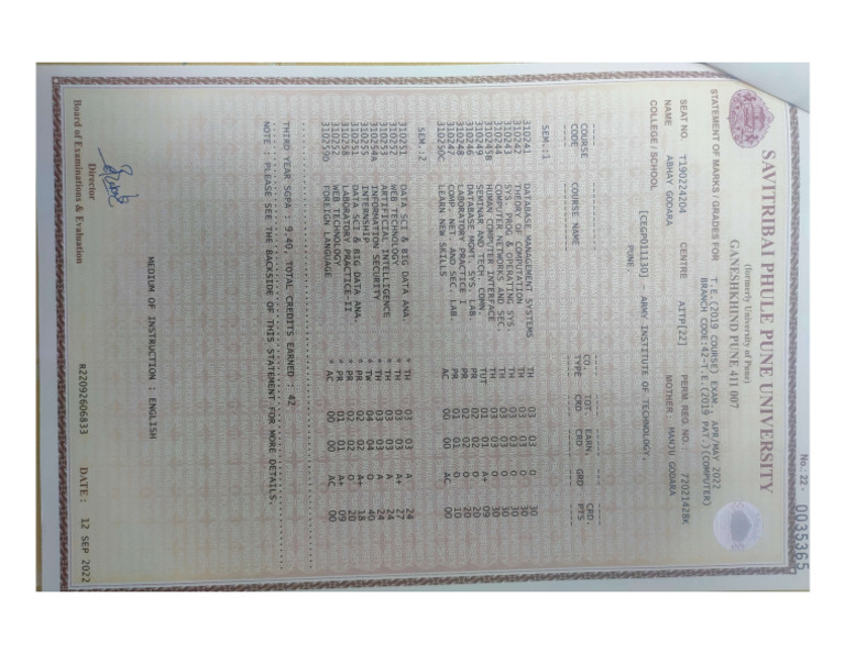 3rd Year Marksheet | PDF