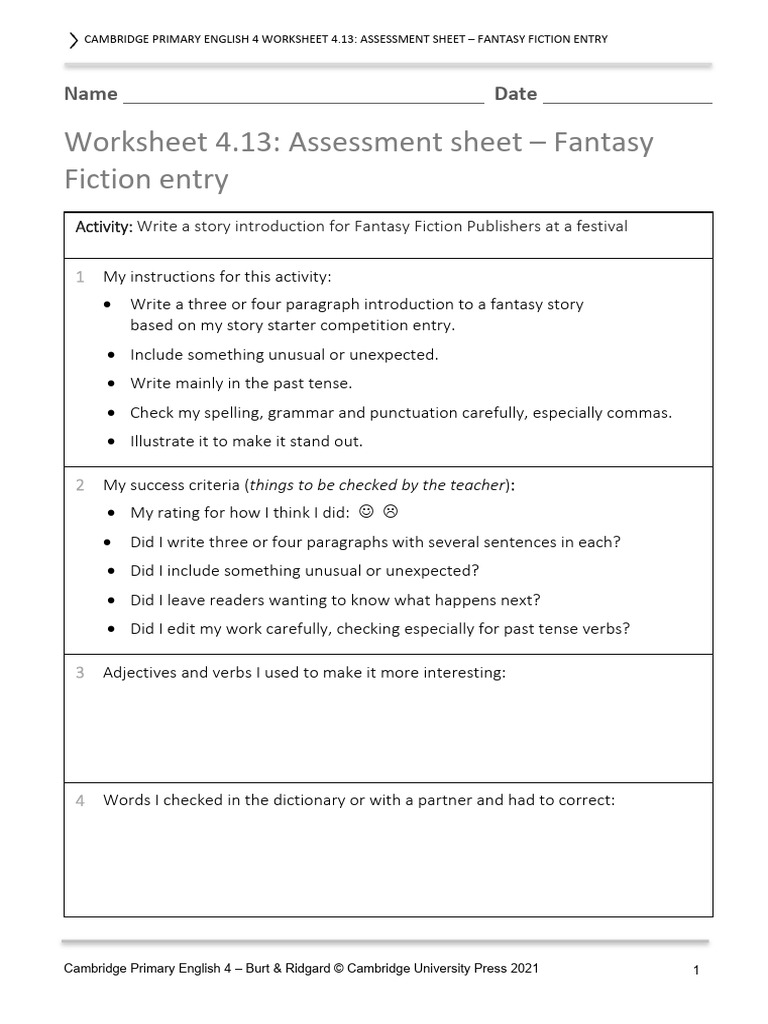 Pri Eng 2ed Tr4 Worksheet 4.13 Assessment Sheet - Fantasy Fiction Entry | PDF