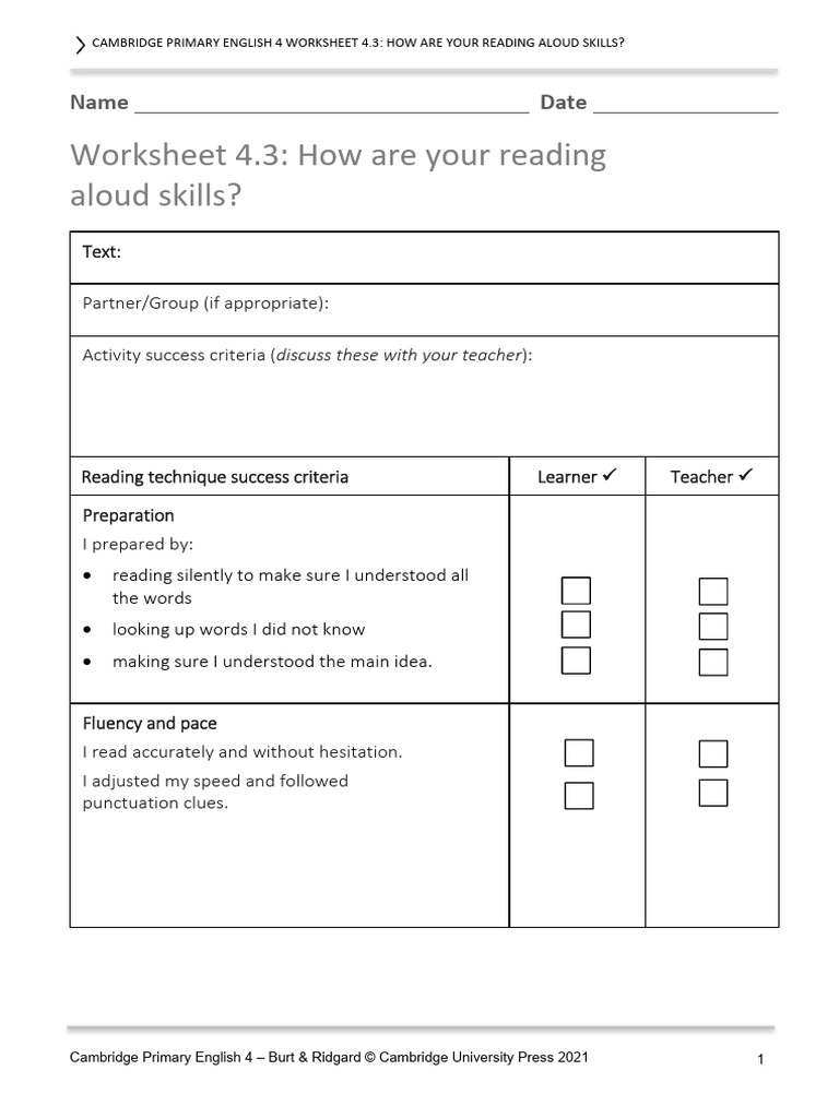 Pri Eng 2ed Tr4 Worksheet 4.3 How Are Your Reading Aloud Skills | PDF