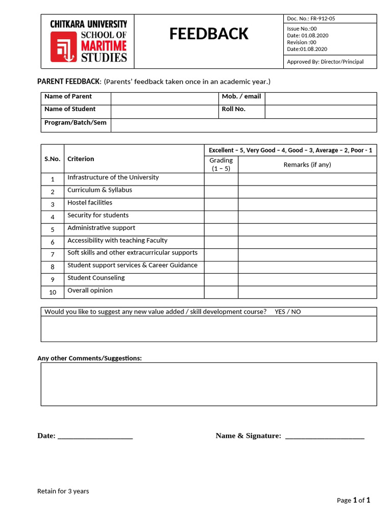FR-912-05 Parents Feedback Form-2 | PDF