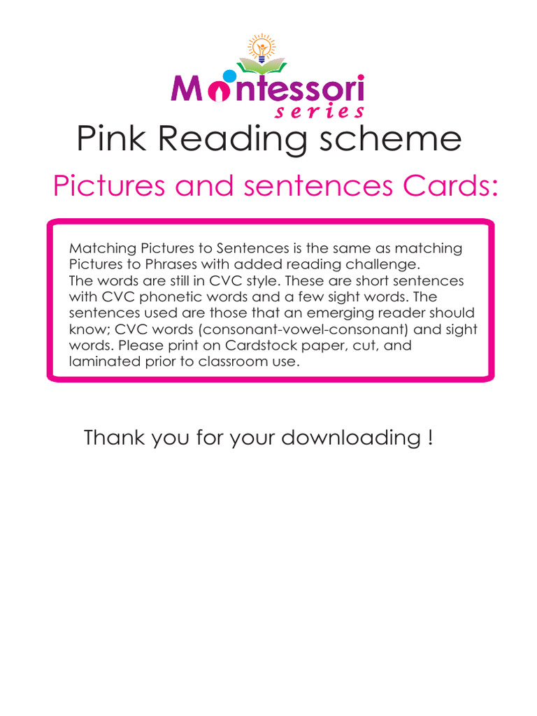 Montessori Pink Reading Scheme Pictures and Sentenes | PDF