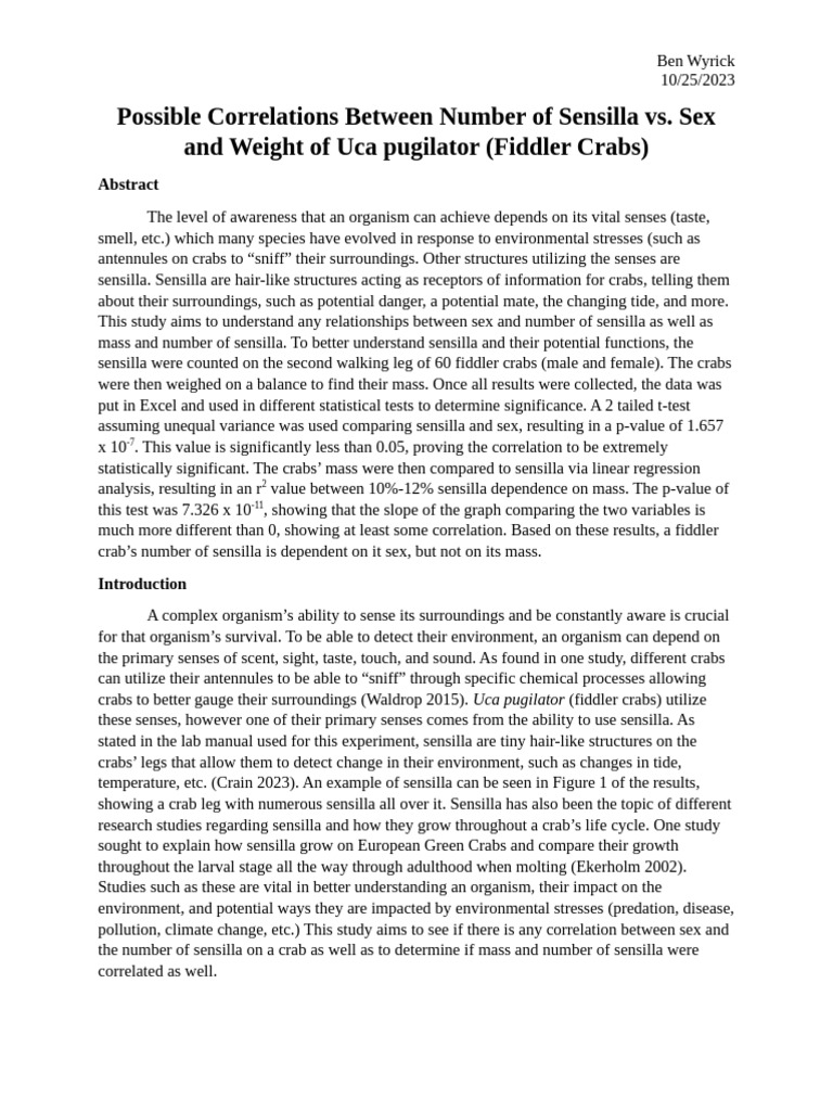 Fiddler Crab Sensilla Lab Report Rough Draft | PDF