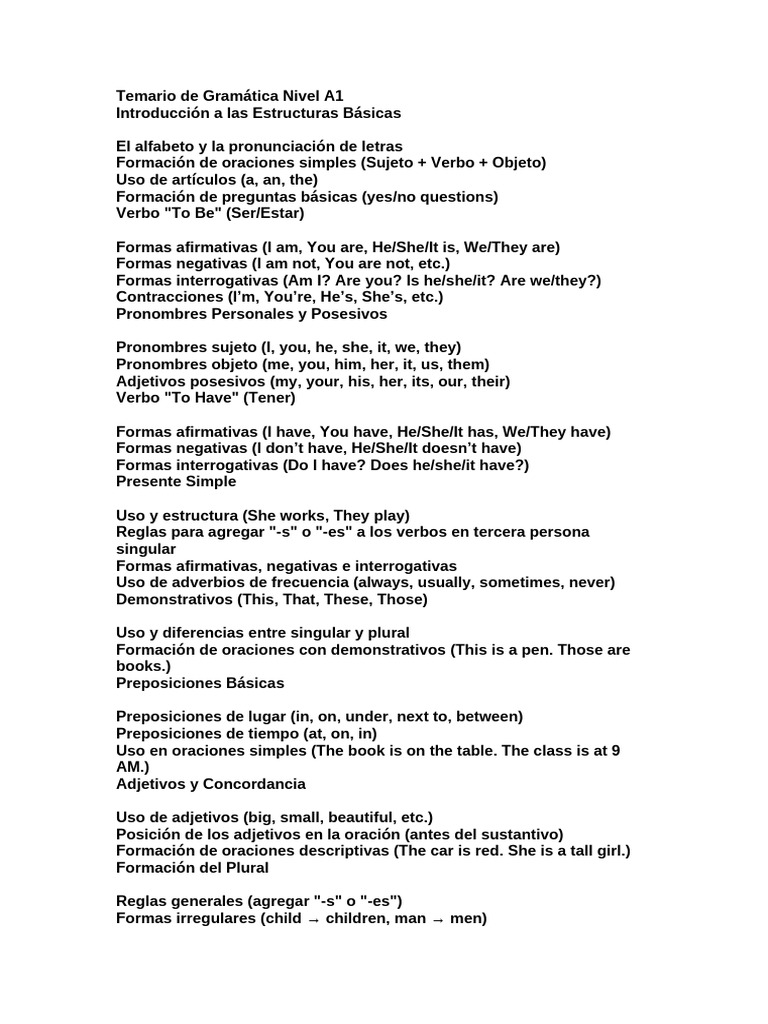 Temario de Gramática Nivel A1 | PDF