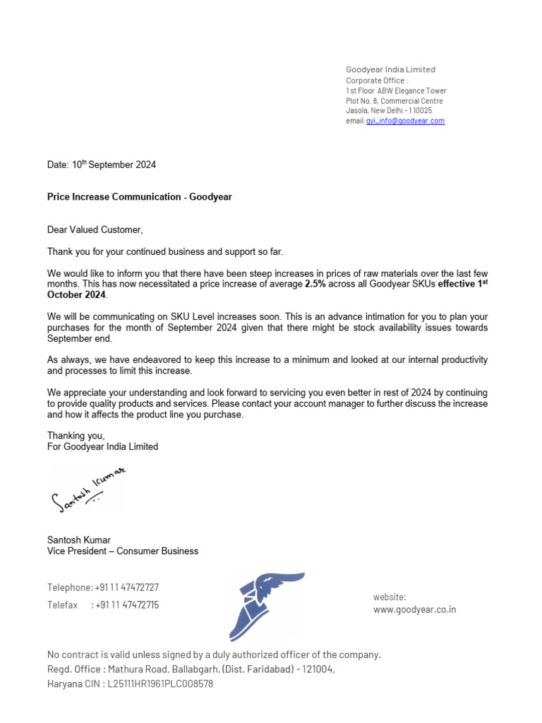 Price Increase Communication - Goodyear - October 2024 | PDF
