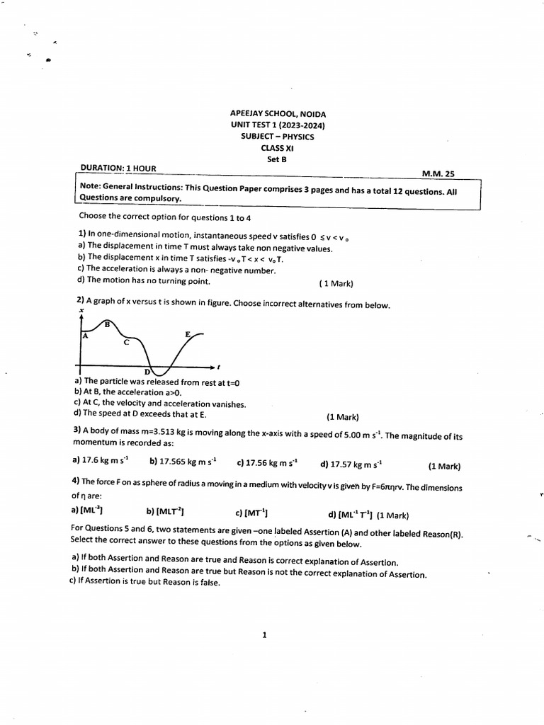 Class-11, Set-B, Physics, 2023-24 | PDF