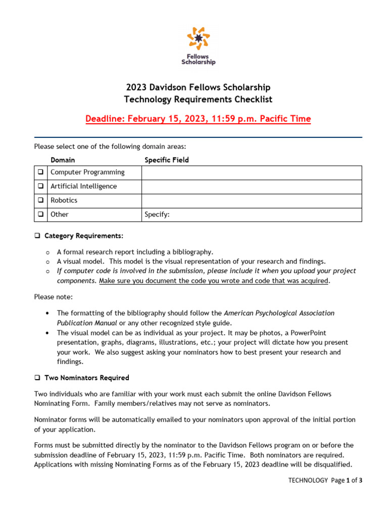 2023 Davidson Fellows TECHNOLOGY Requirements | PDF