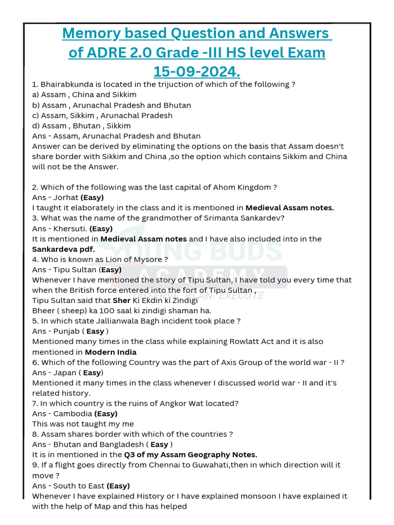 Memory Based Questions and Answers of ADRE 2.0 | PDF