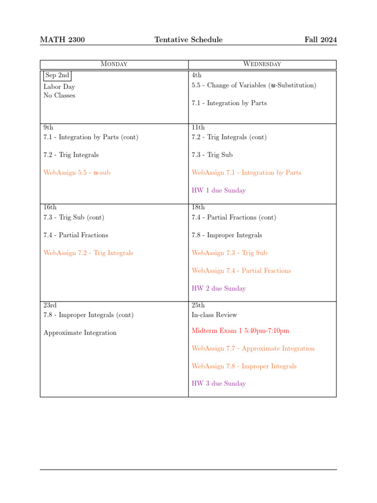 2300 300E Fall 2024 Schedule | PDF