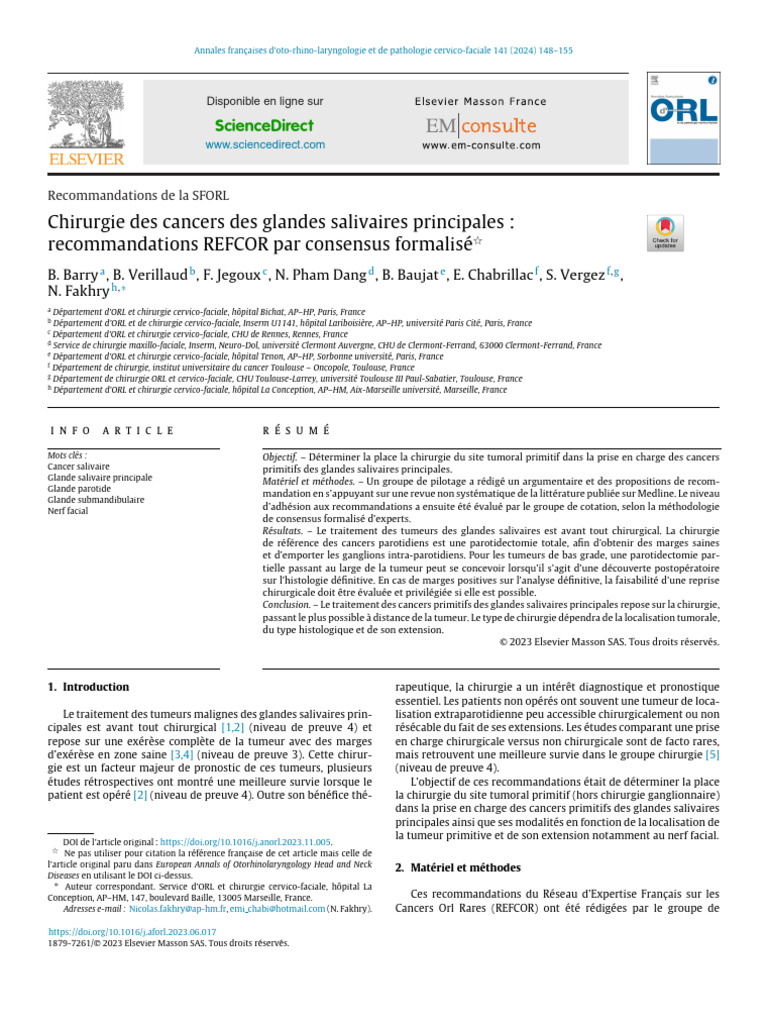 Chirurgie Des Cancers Des Glandes Salivaires Principales ...