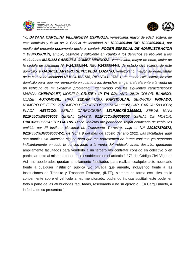 Poder Vehiculo Cruze Dayana A Mariam y Gabriel | PDF