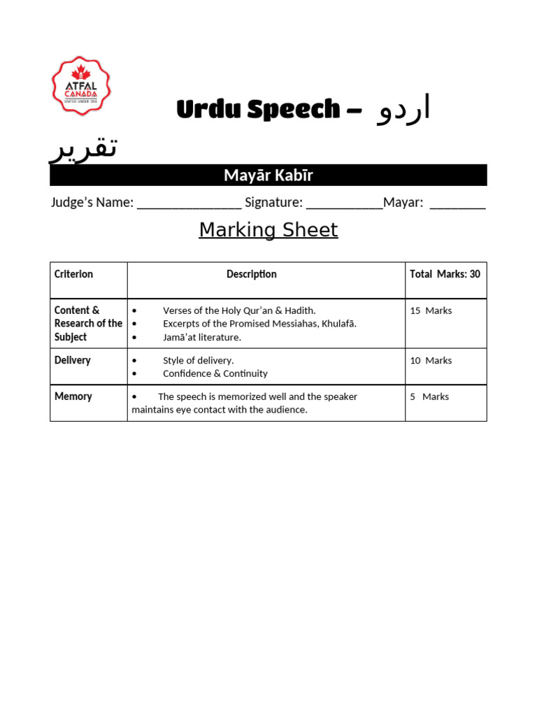Urdu Speech Marking Sheet - Docx 2024.docx (Mayar-e-Kabeer) | PDF