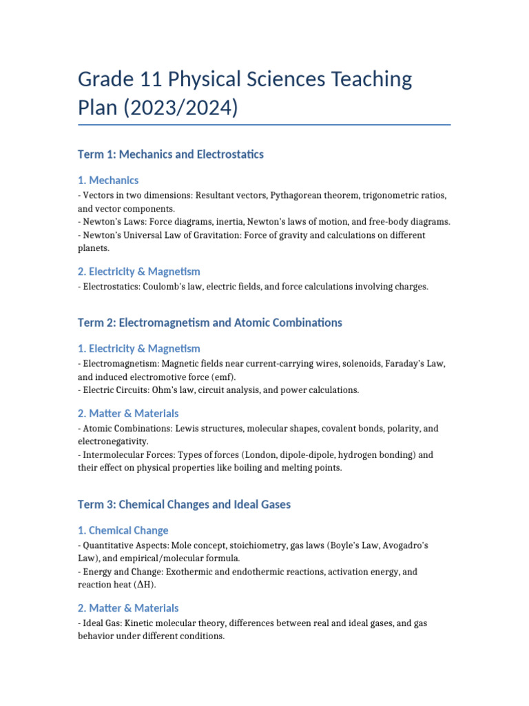Grade 11 Physical Sciences Teaching Plan | PDF