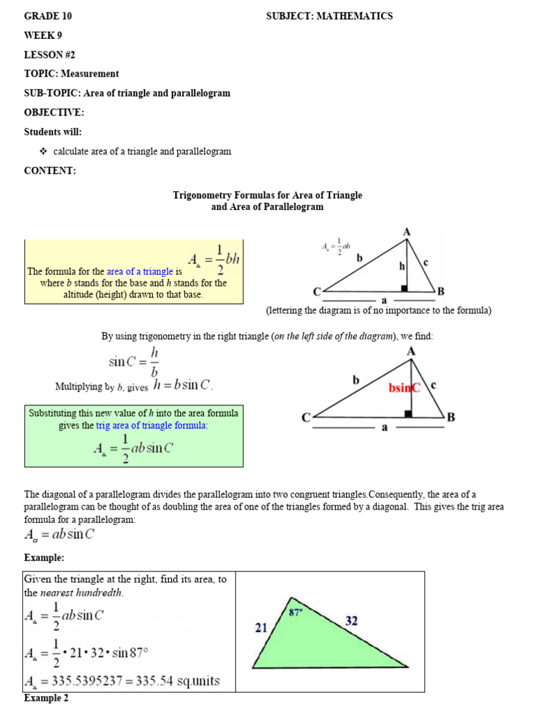Grade 10 Mathematics Week 9 Lesson 2 Area of A Tri and Par | PDF