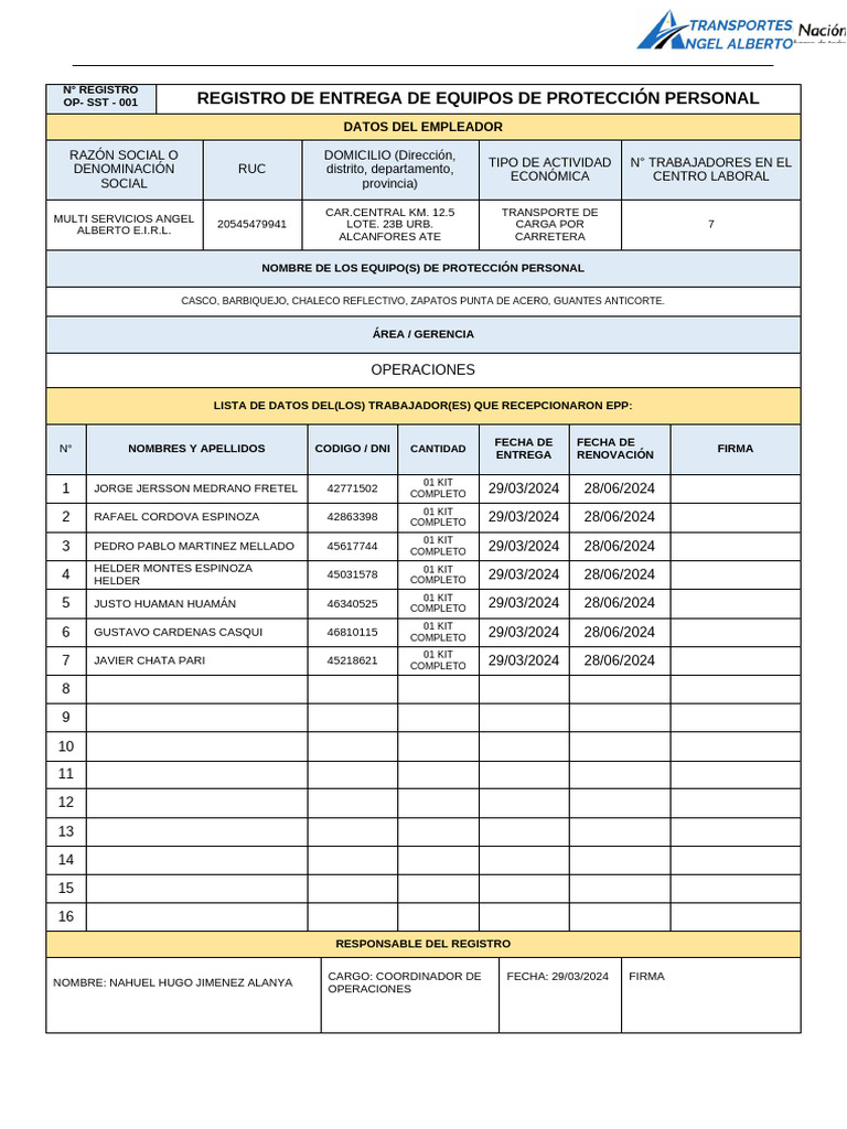 Registro de Entrega EPP | PDF