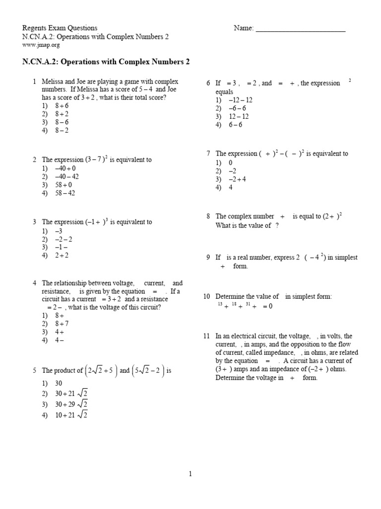 N.CN.A.2. Operations With Complex Numbers 2 | PDF