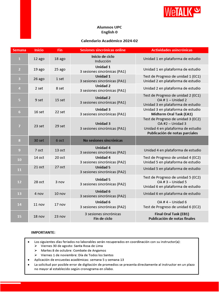 E0 Calendario Alumnos UPC 2024-02 | PDF