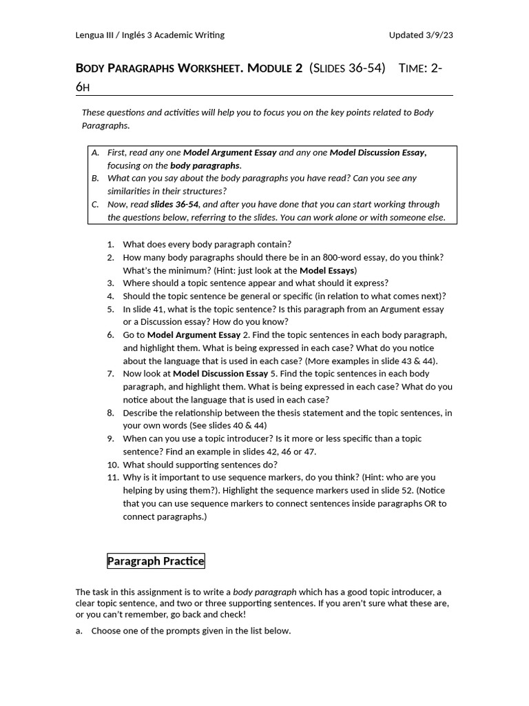 2022-23 Module 2 Body Paragraphs Worksheet 2 | PDF