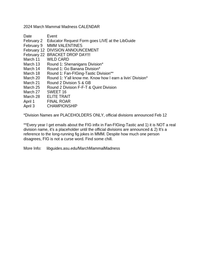 2024 March Mammal Madness CALENDAR TEXT | PDF