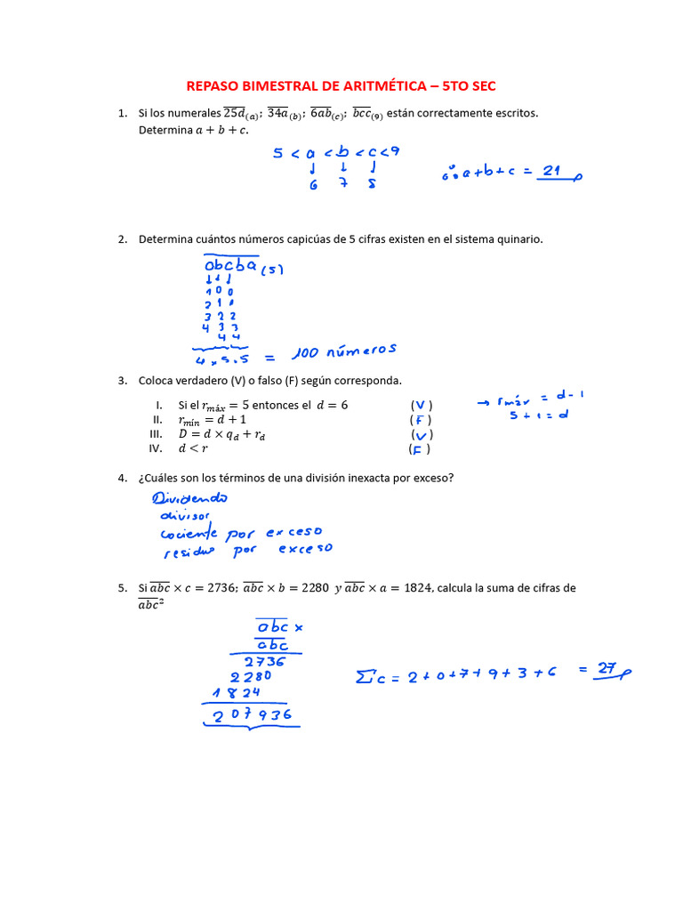 Repaso Bimestral de AritmÉtic5to | PDF