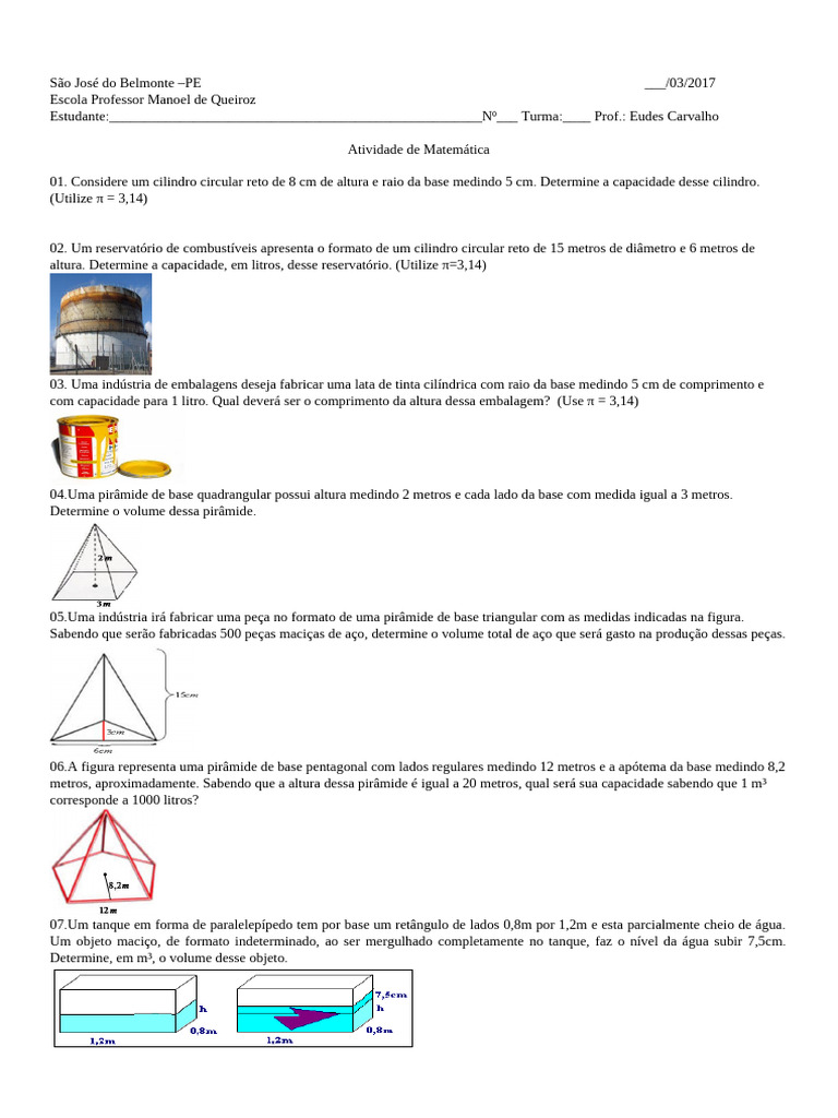 3º E.M Atividade Volumes | PDF