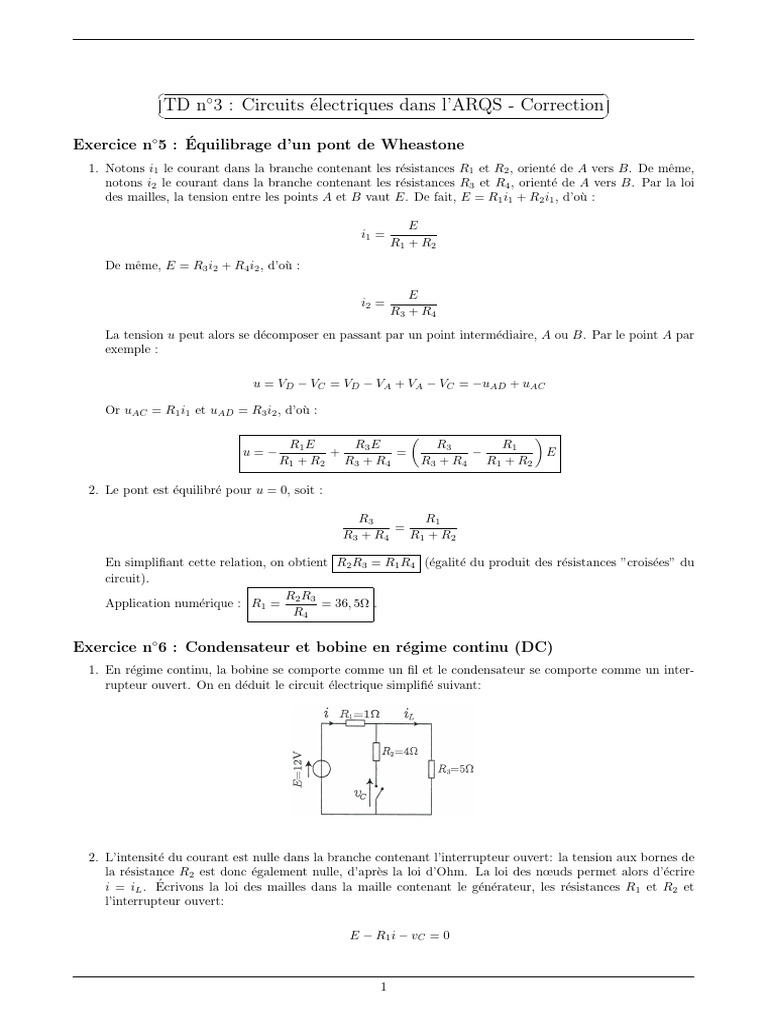 TDN 3: Circuits Electriques Dans L'Arqs - Correction: Exercice N 5 ...