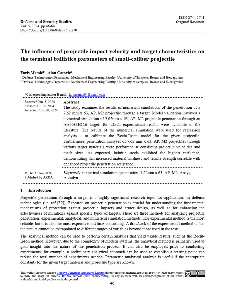 The Terminal Ballistics Parameters of Small-Caliber Projectile (2024) | PDF