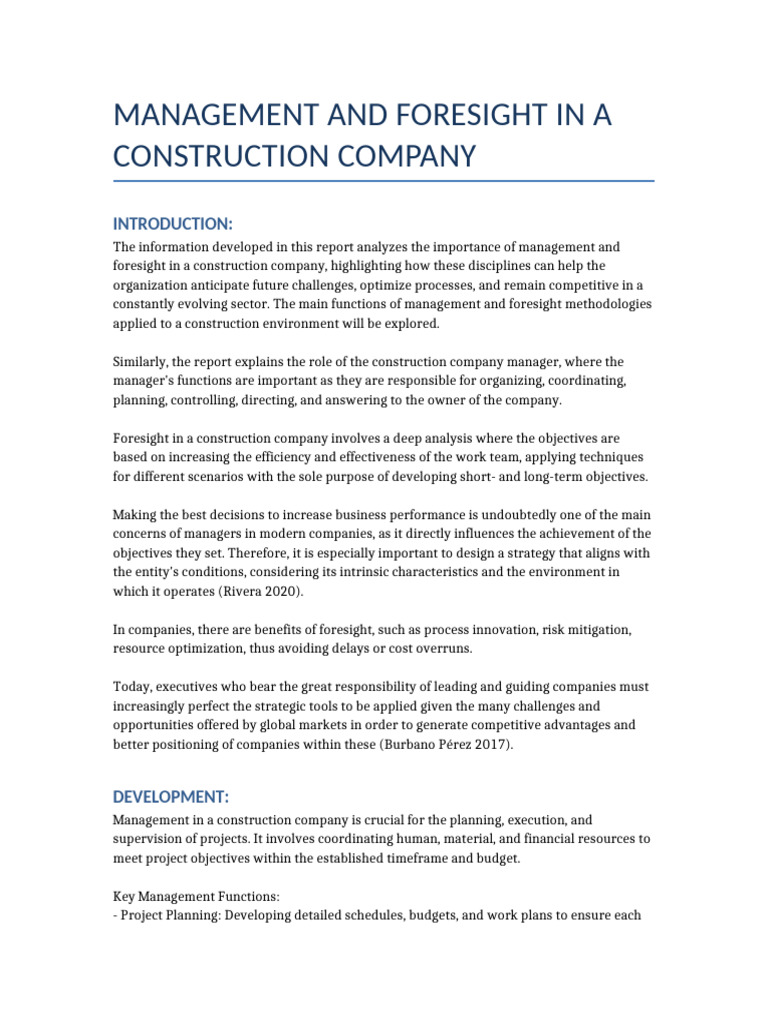 Management and Foresight in A Construction Company | PDF