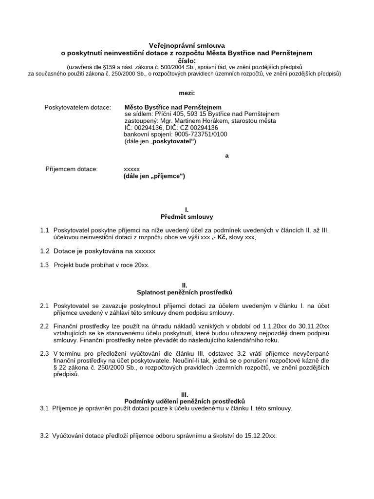 Vzor Smlouvy - Individuální Dotace | PDF