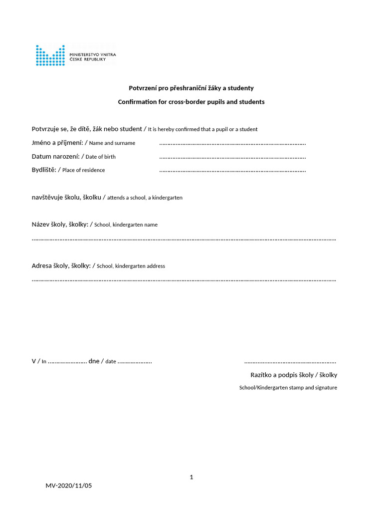 VZOR-potvrzeni Pro Preshranicni Zaky a Studenty CZ-En - 20201105 | PDF