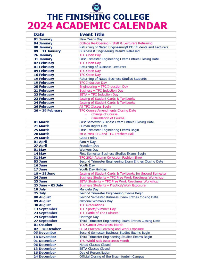 2024 Academic Calendar With DHET Plan As of 16 Feb 2024 | PDF