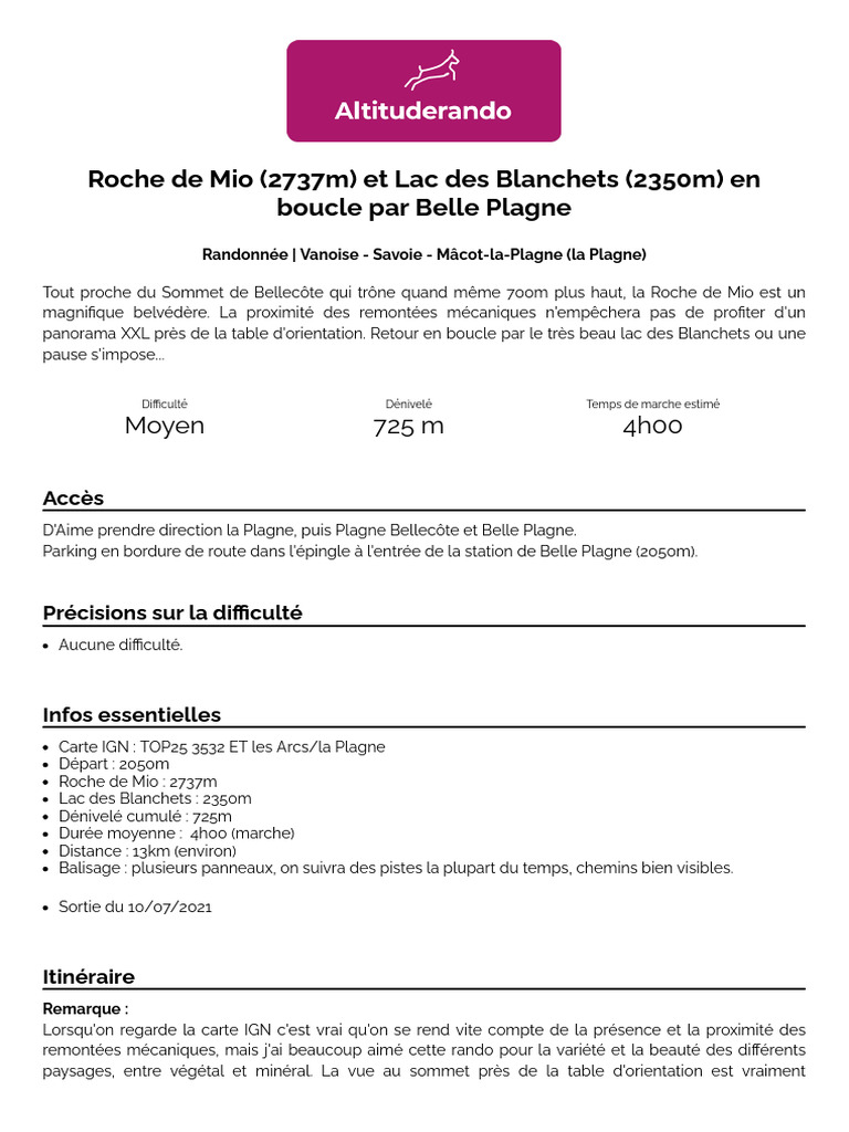 Roche de Mio Et Lac Des Blanchets en | PDF