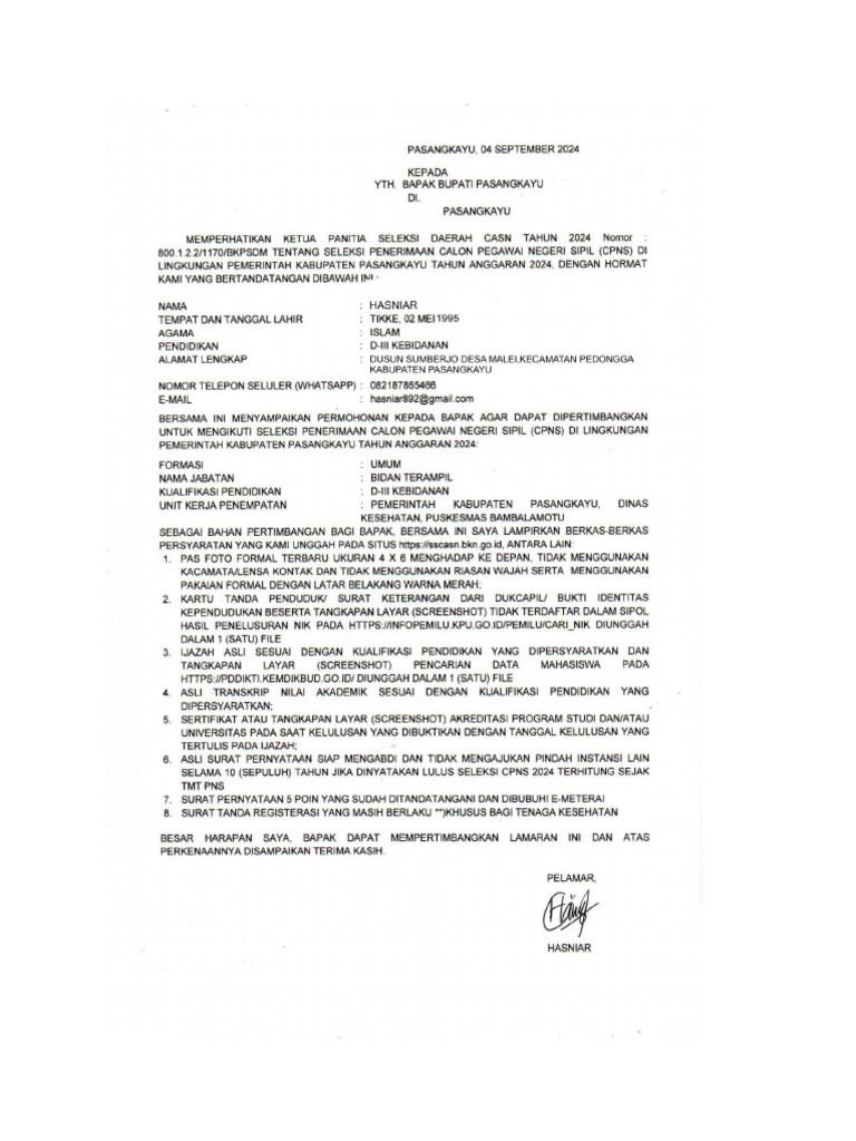 Surat Lamaran Hasniar | PDF